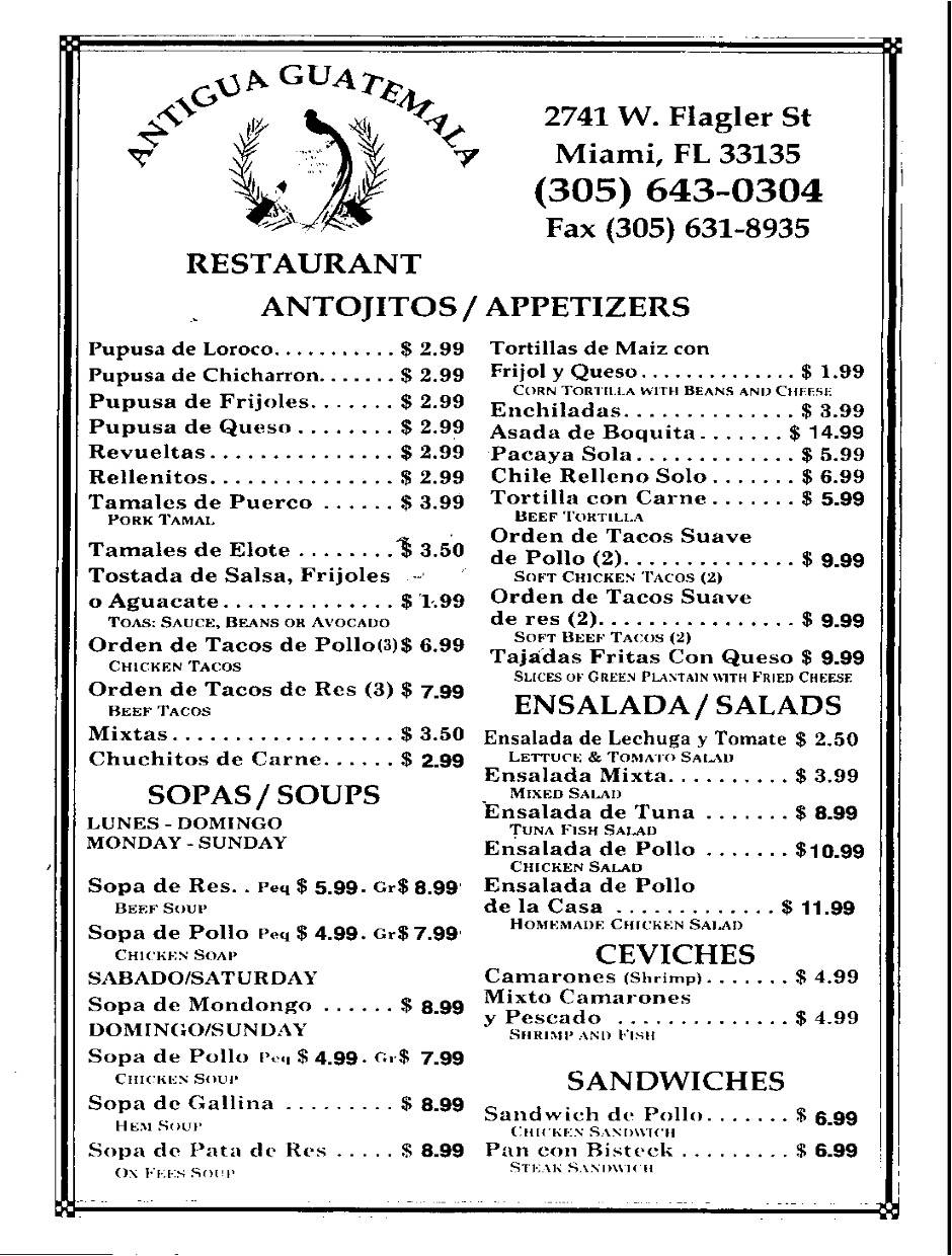 Menu at Antigua Guatemala Restaurant, Miami