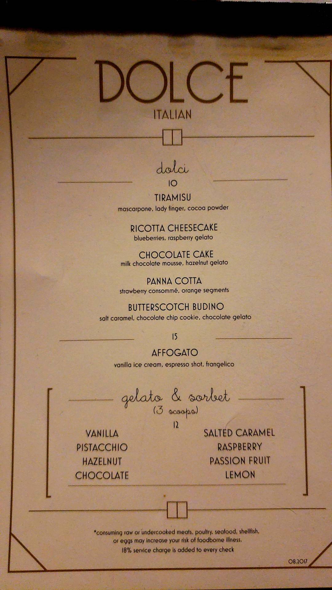 Menu at Dolce Italian Miami restaurant, Miami Beach