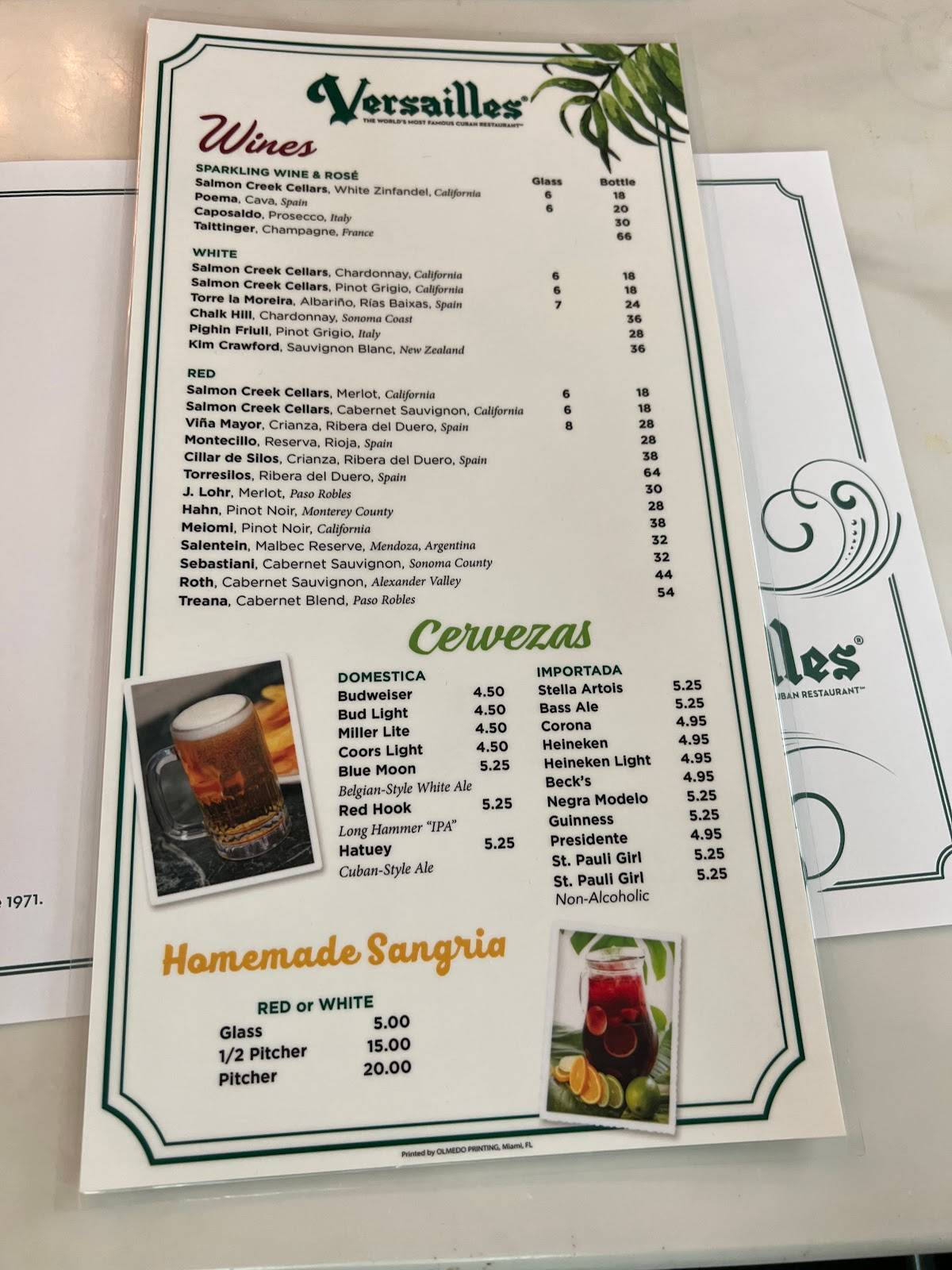 Carta de Versailles Restaurant Cuban Cuisine, Miami, SW 8th St