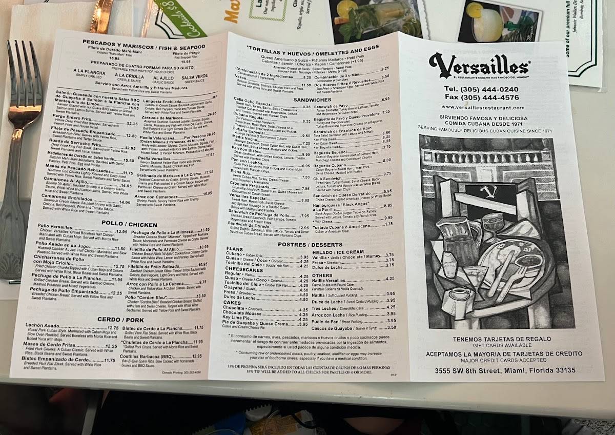 Menu at Versailles Restaurant Cuban Cuisine, Miami, SW 8th St
