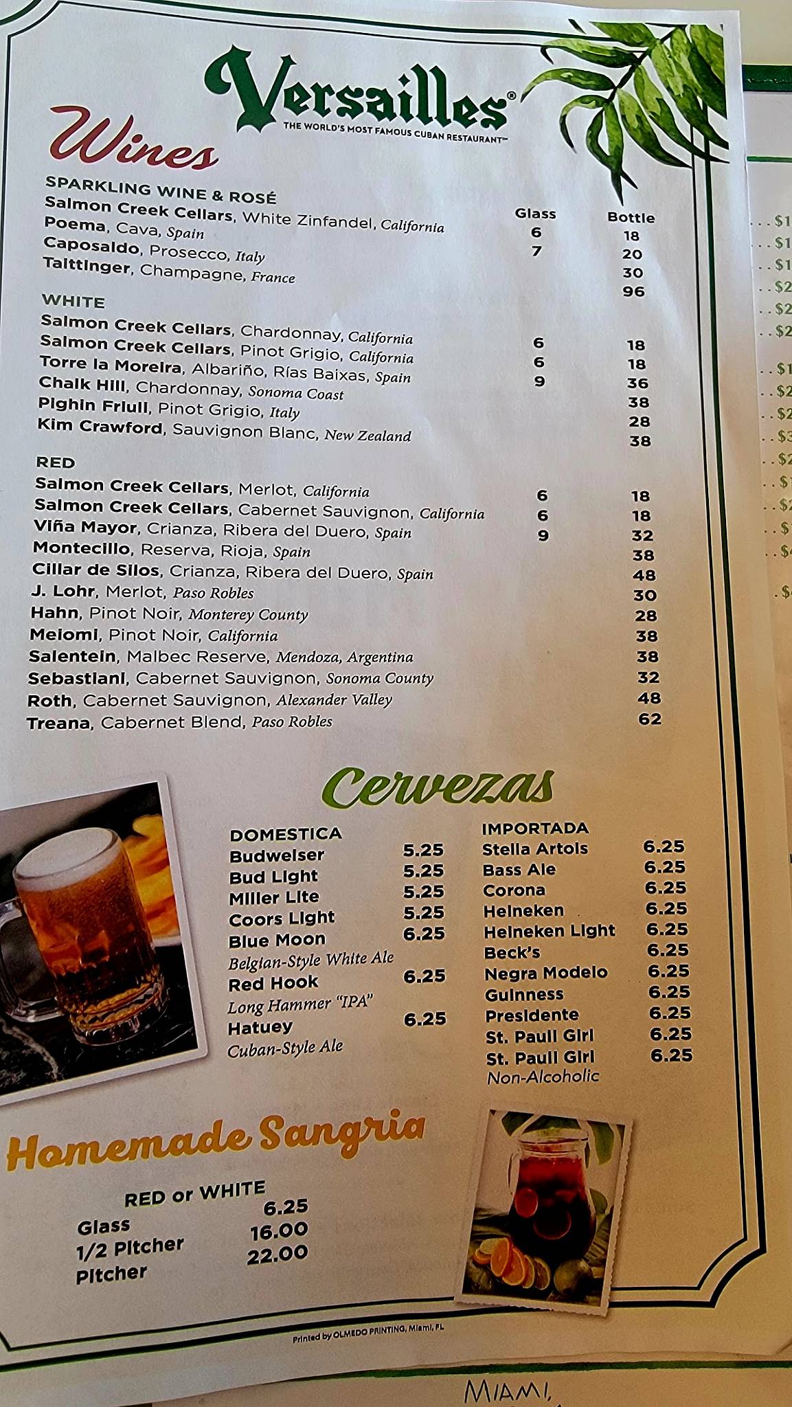 Menu at Versailles Restaurant Cuban Cuisine, Miami, SW 8th St