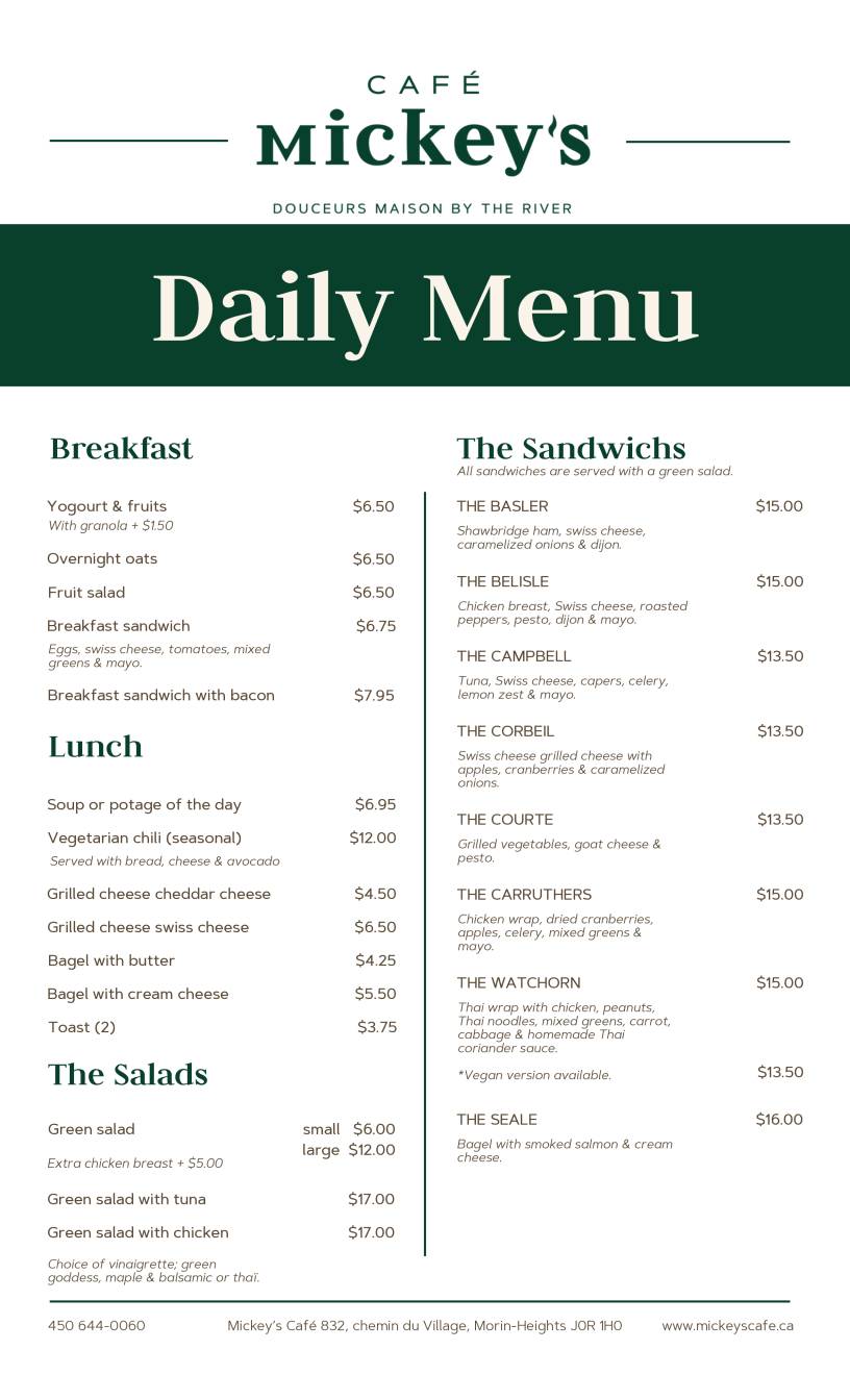 Menu au Mickey's Café, Morin-Heights
