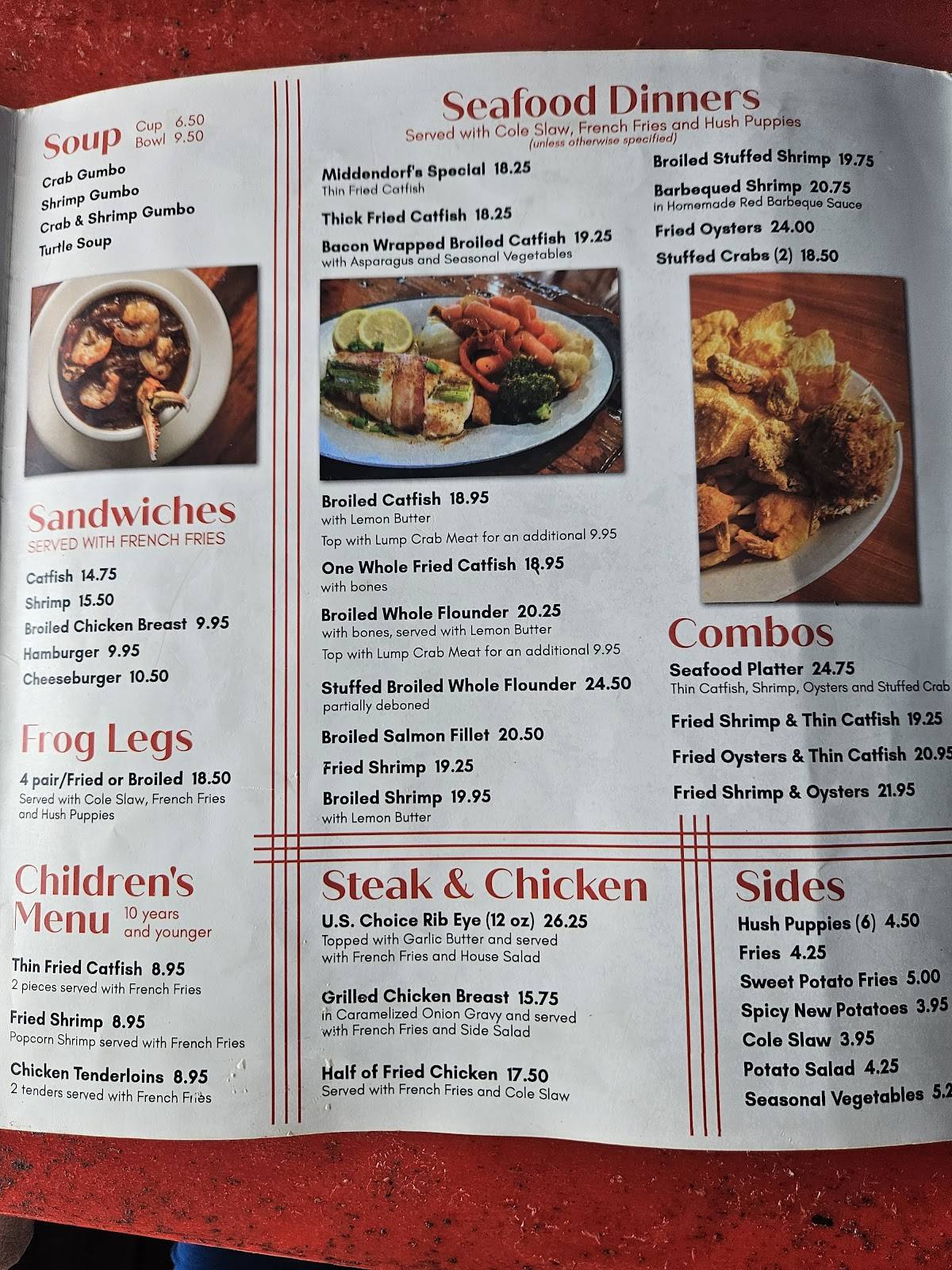Menu at Middendorf's Manchac restaurant, USA