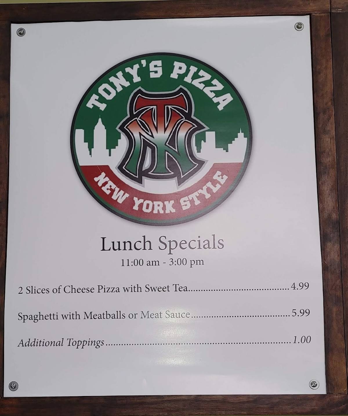 Menu at Tony's Pizza pizzeria, Middleburg, County Rd 220