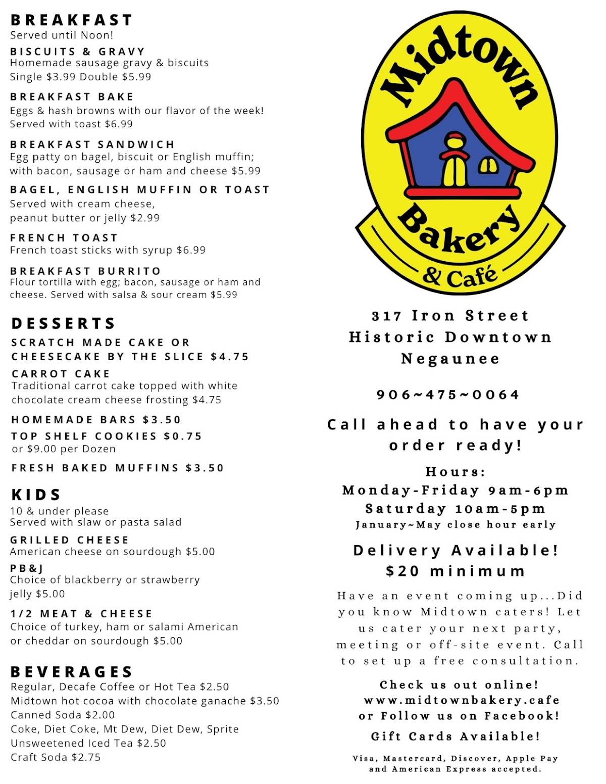 Menu at Midtown Bakery & Cafe, Negaunee