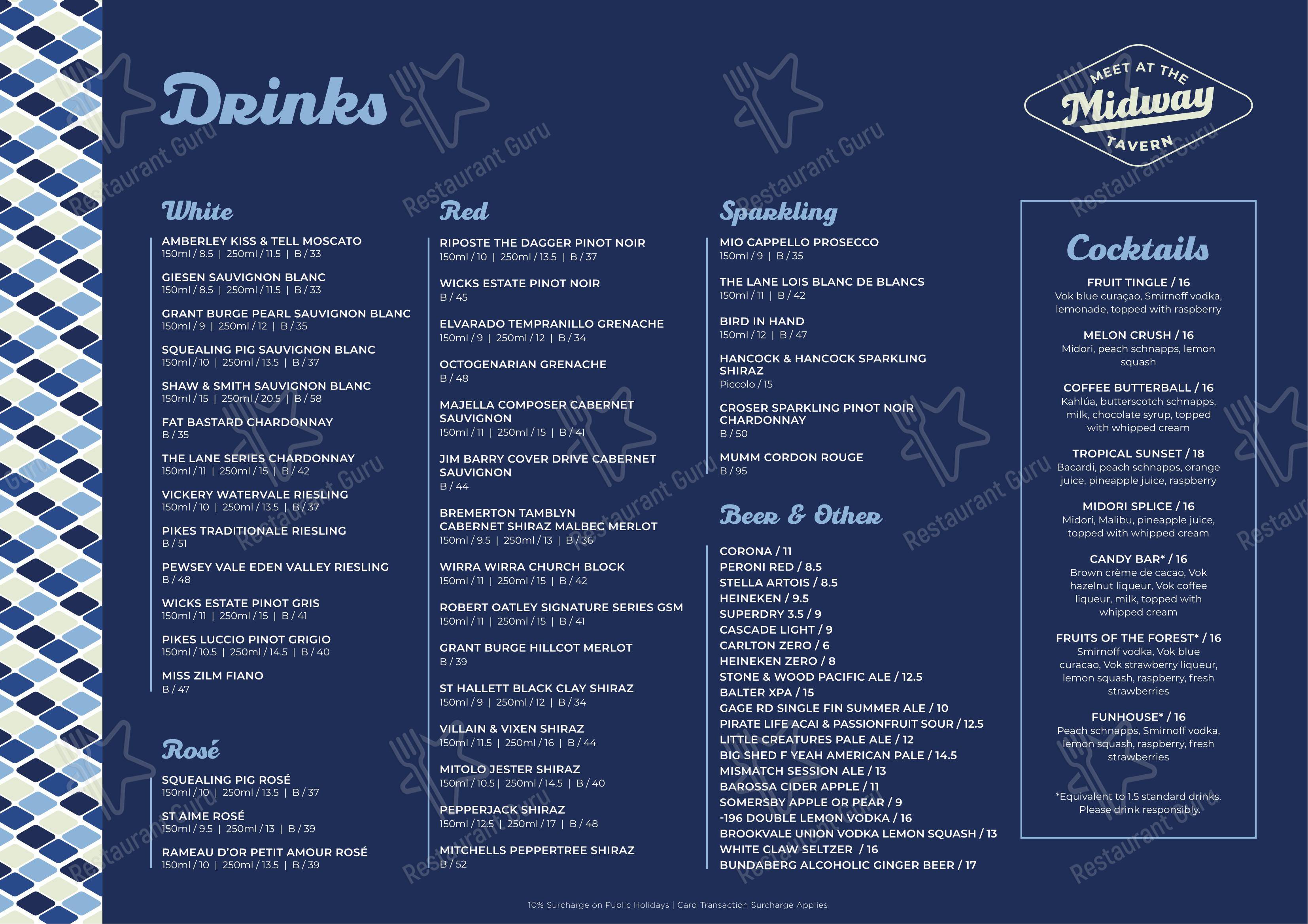 Menu at Midway Tavern restaurant, Elizabeth Downs