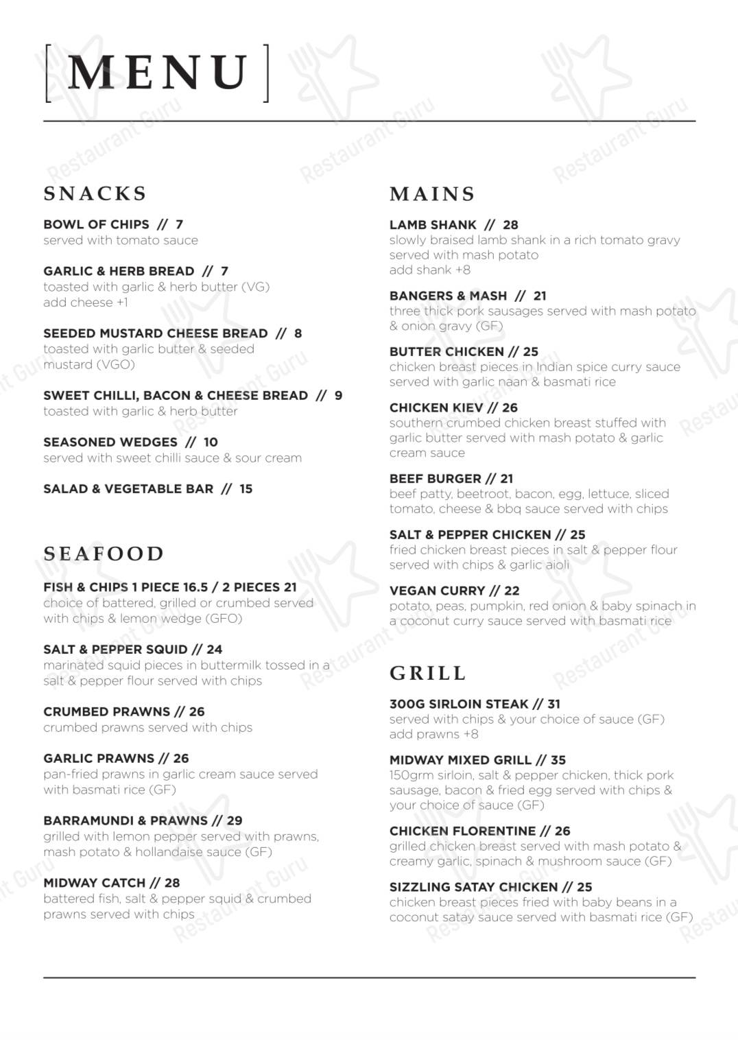 Menu at Midway Tavern restaurant, Elizabeth Downs