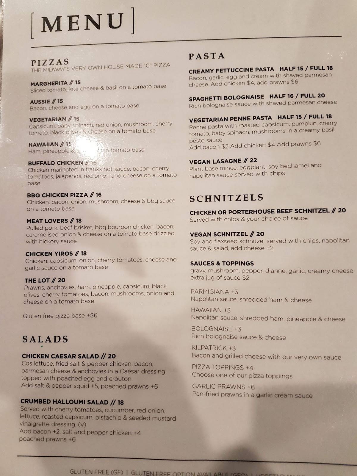 Menu at Midway Tavern restaurant, Elizabeth Downs