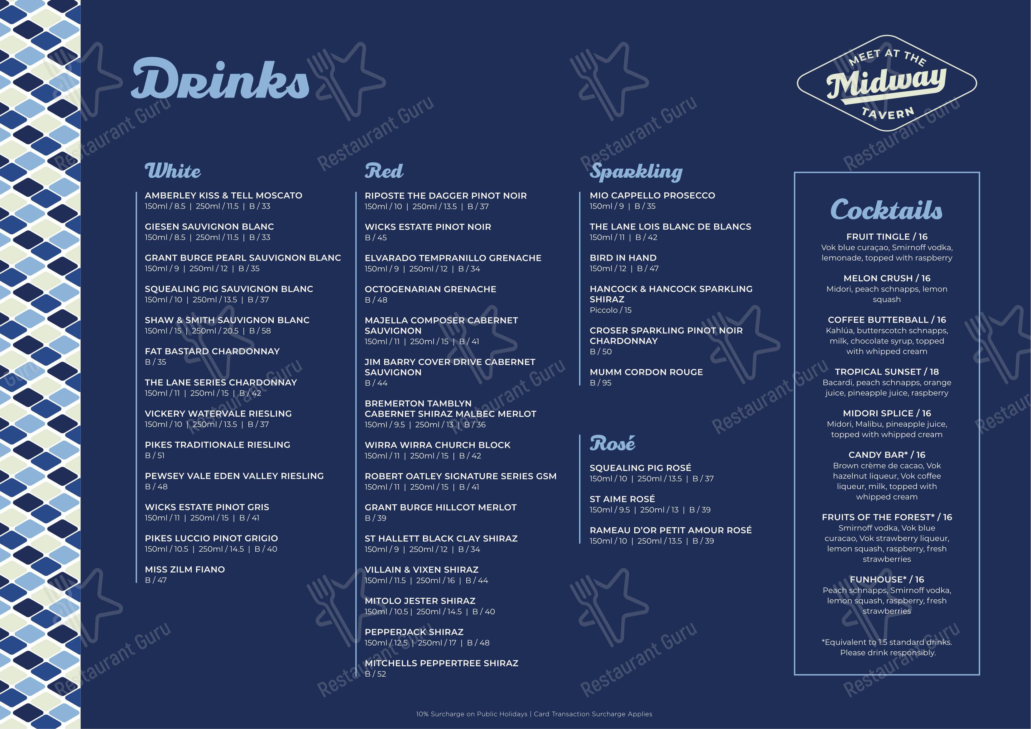 Menu at Midway Tavern restaurant, Elizabeth Downs