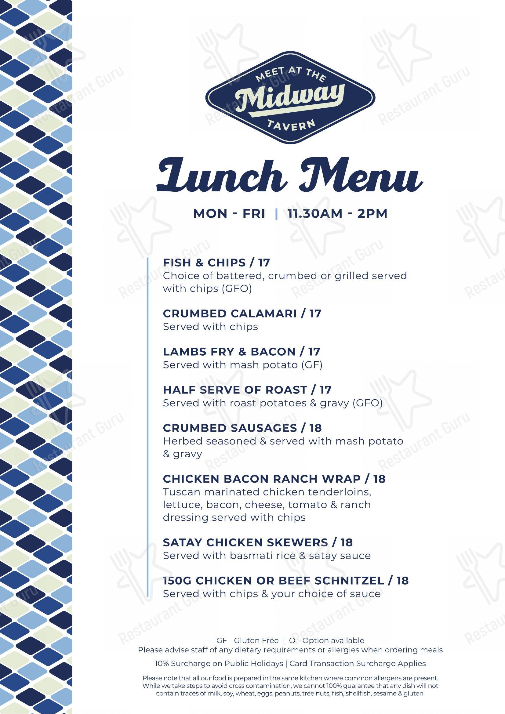 Menu at Midway Tavern restaurant, Elizabeth Downs