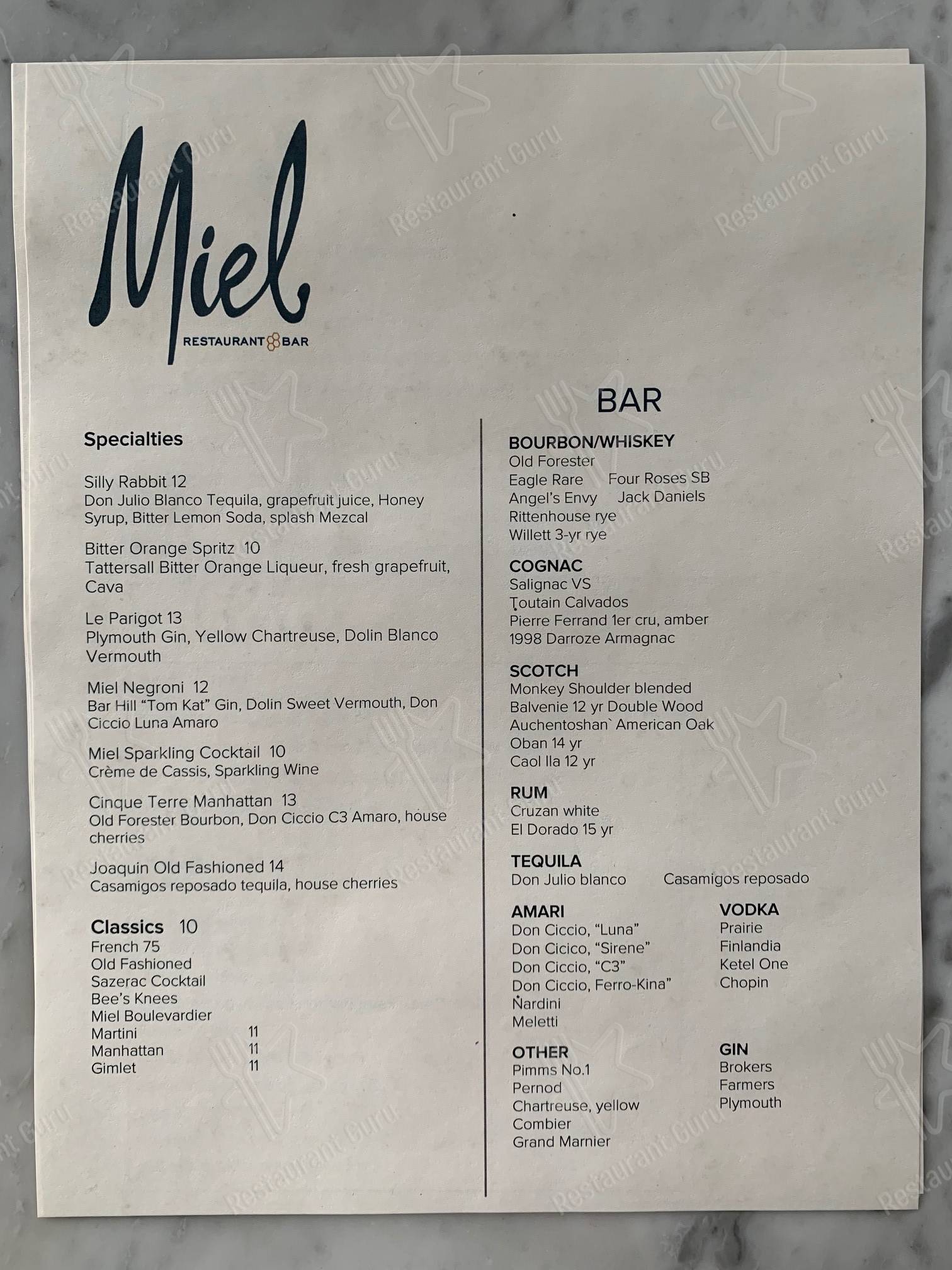 Menu at Miel Restaurant, Nashville
