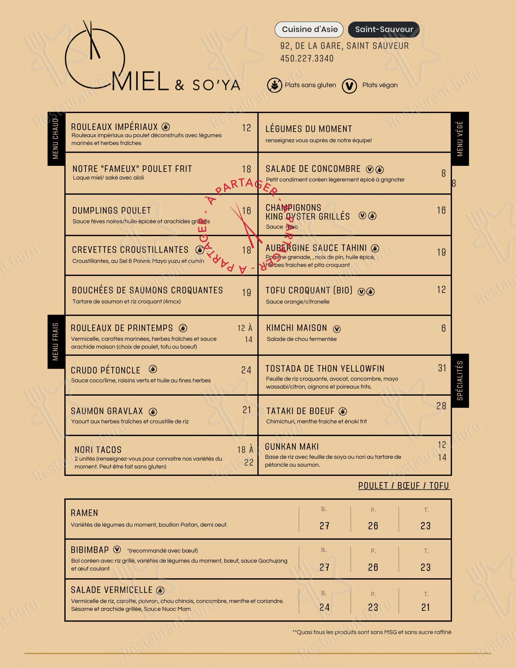 Menu au Miel & So'Ya restaurant, Saint-Sauveur