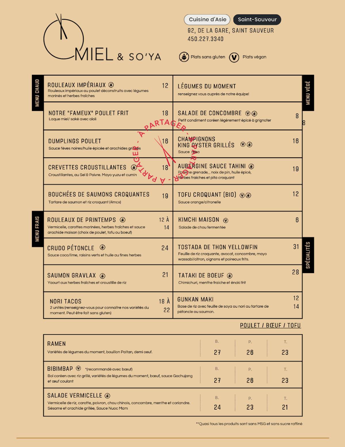 Menu au Miel & So'Ya restaurant, Saint-Sauveur