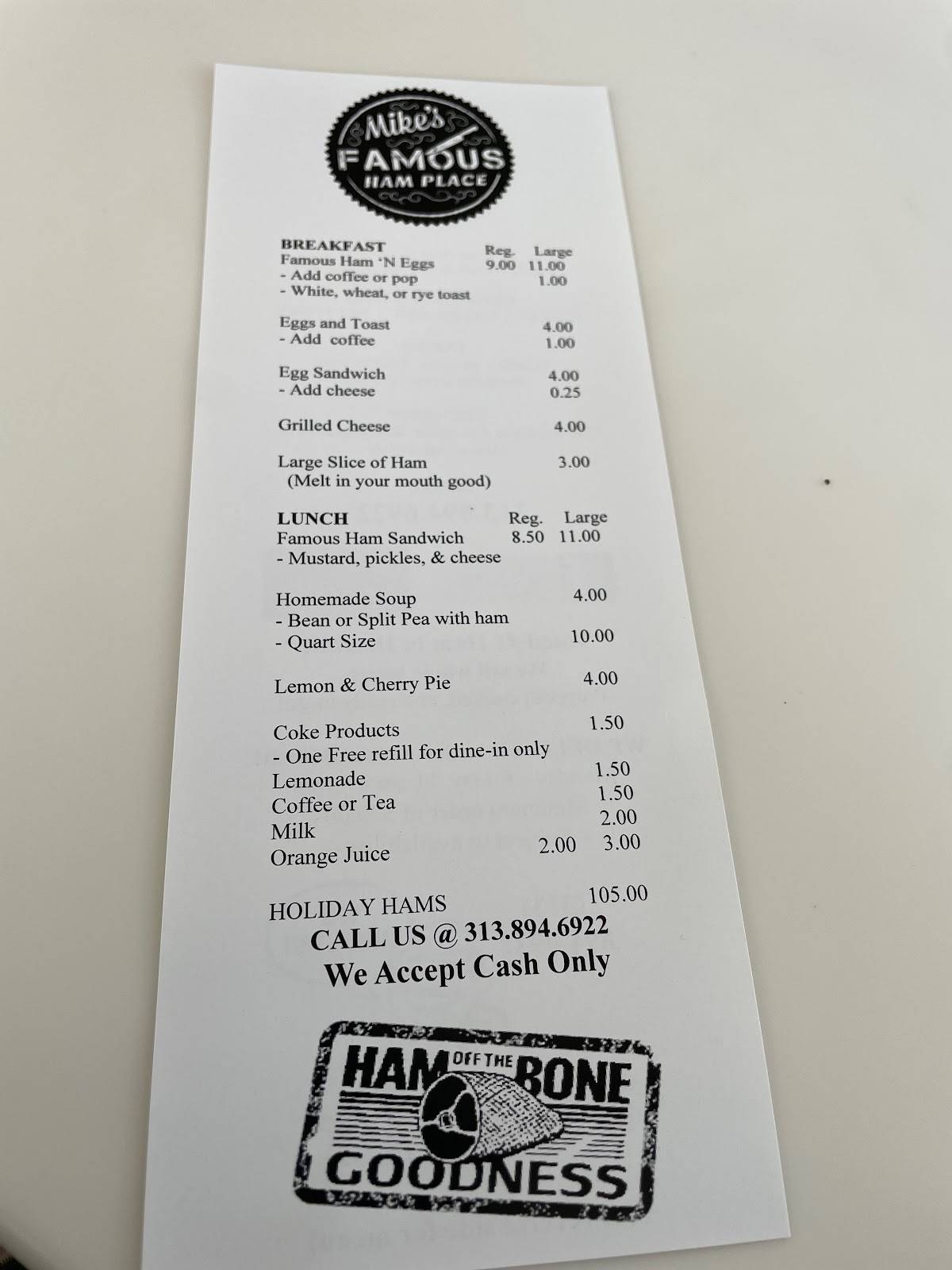 Menu at Mike's Famous Ham Place restaurant, Detroit