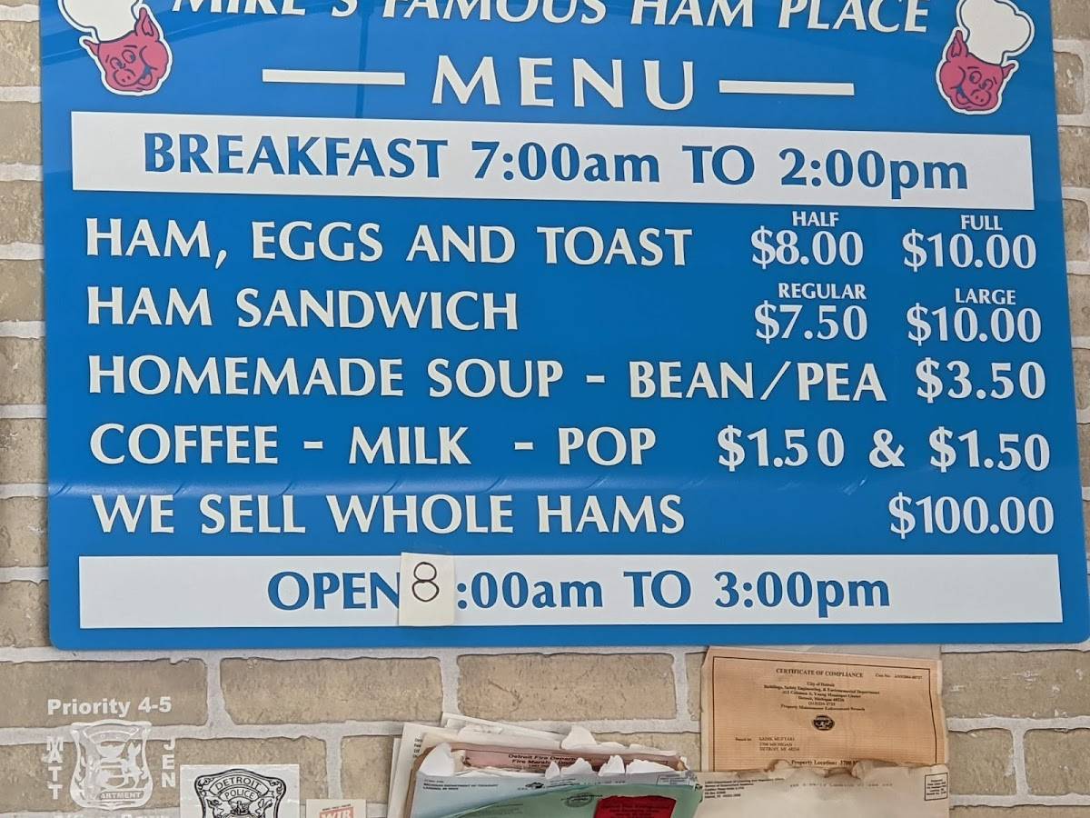 Menu at Mike's Famous Ham Place restaurant, Detroit