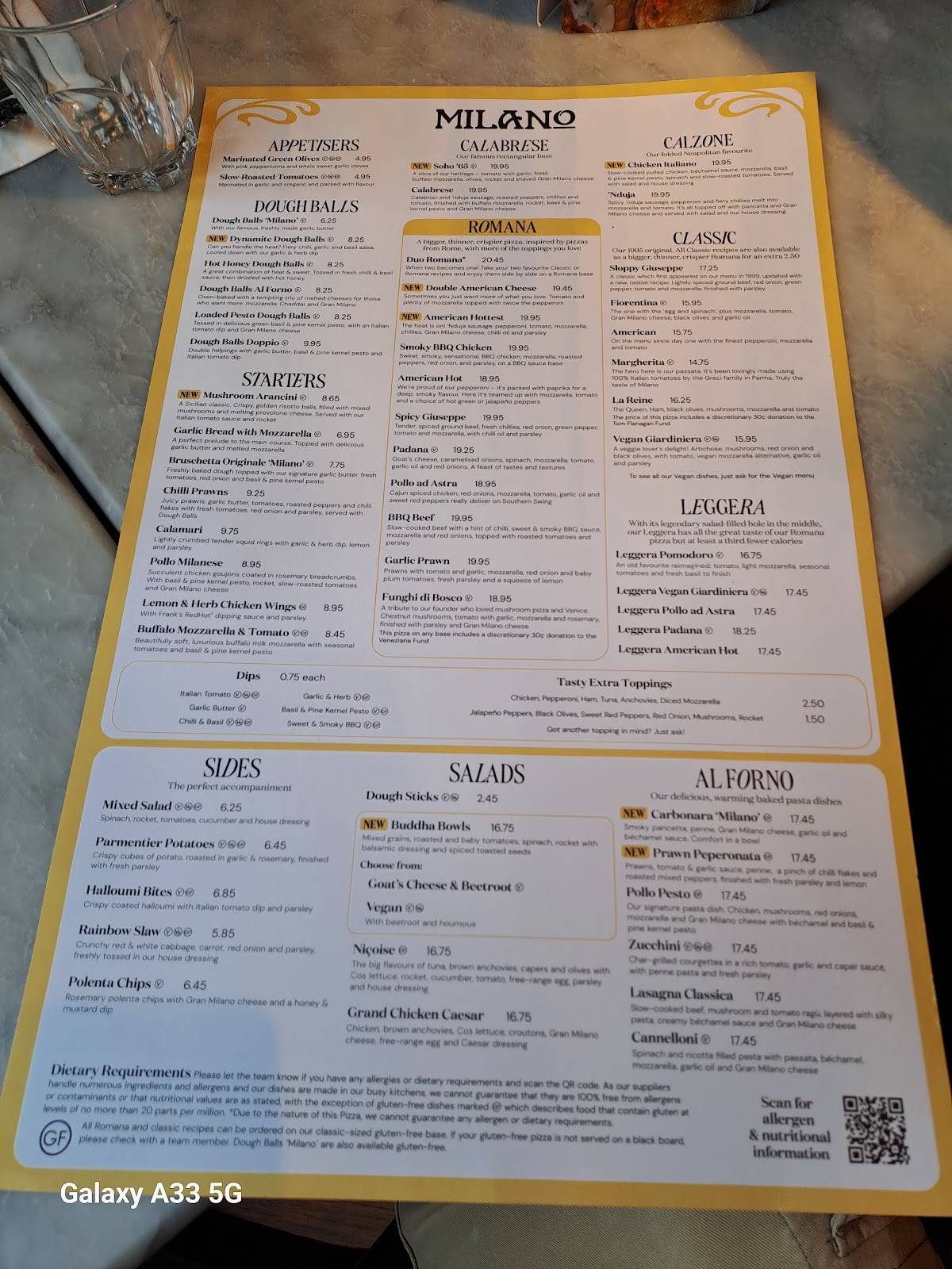Menu at Milano restaurant, Dublin, Unit L1