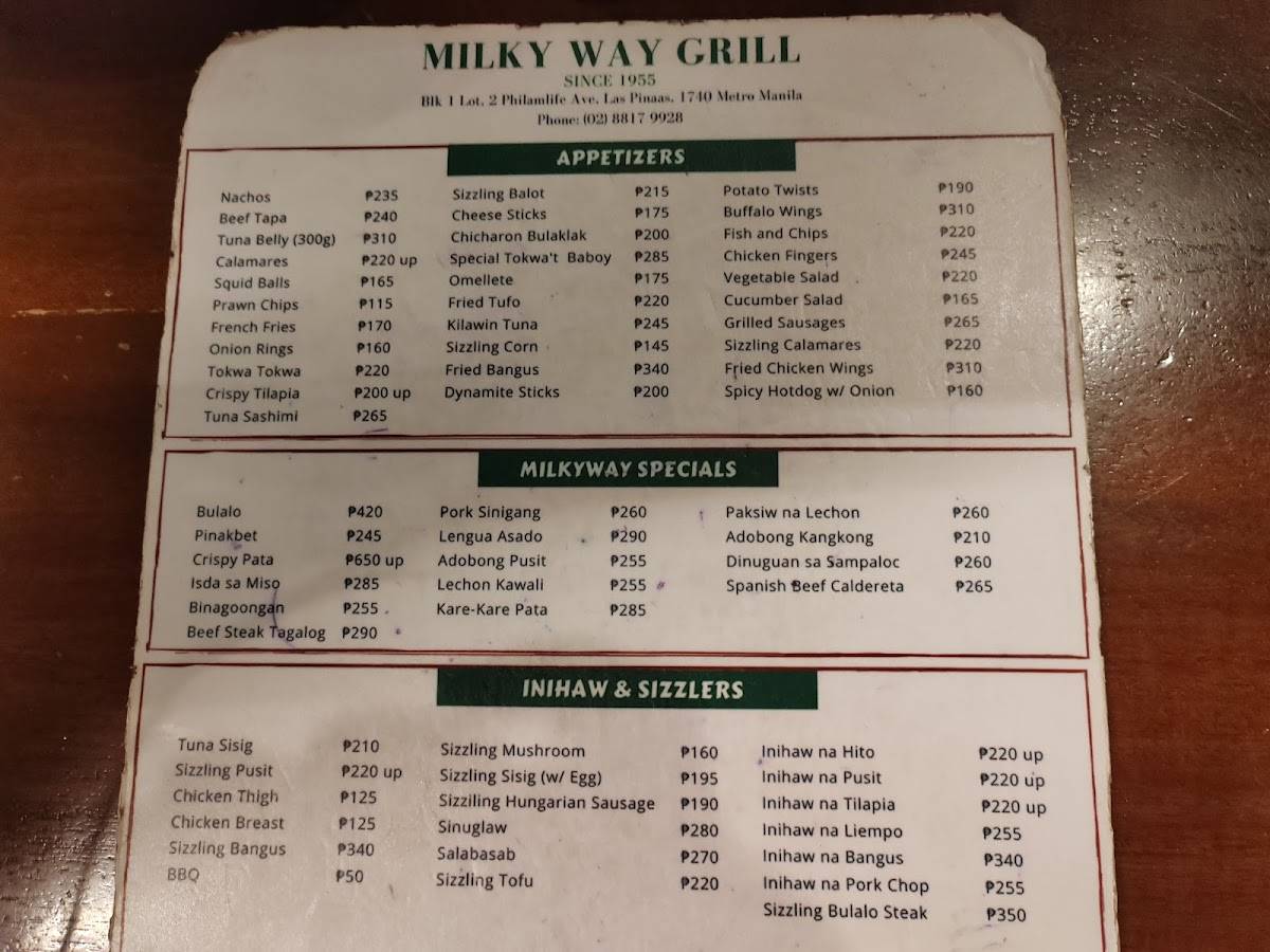 Menu at Milky Way restaurant, Las Pinas, Blk 1 Lot