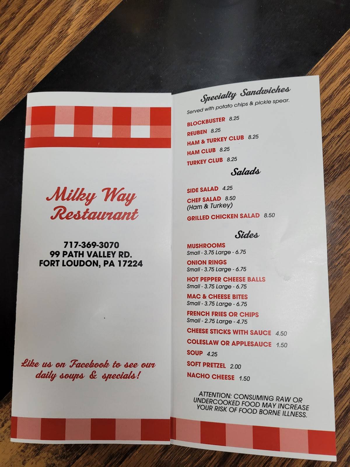 Menu at Milky Way Restaurant, Fort Loudon