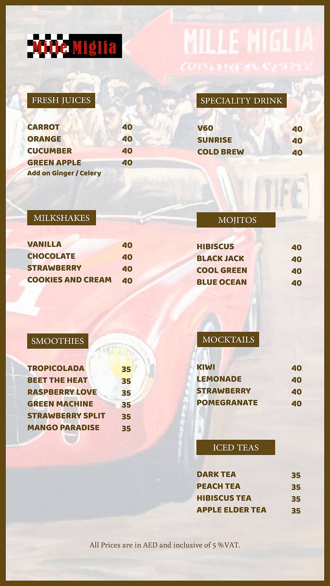 Menu at Mille Miglia Gallery and Cafe, Dubai