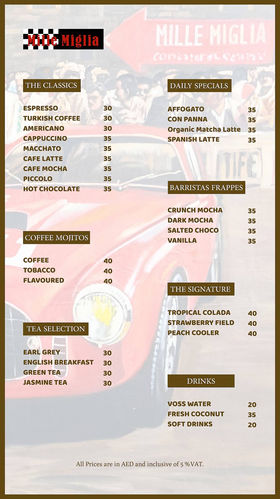Menu at Mille Miglia Gallery and Cafe, Dubai