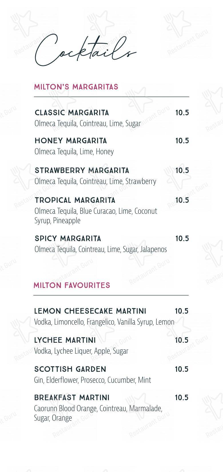 Menu at Milton on the Corner restaurant, Aberdeen