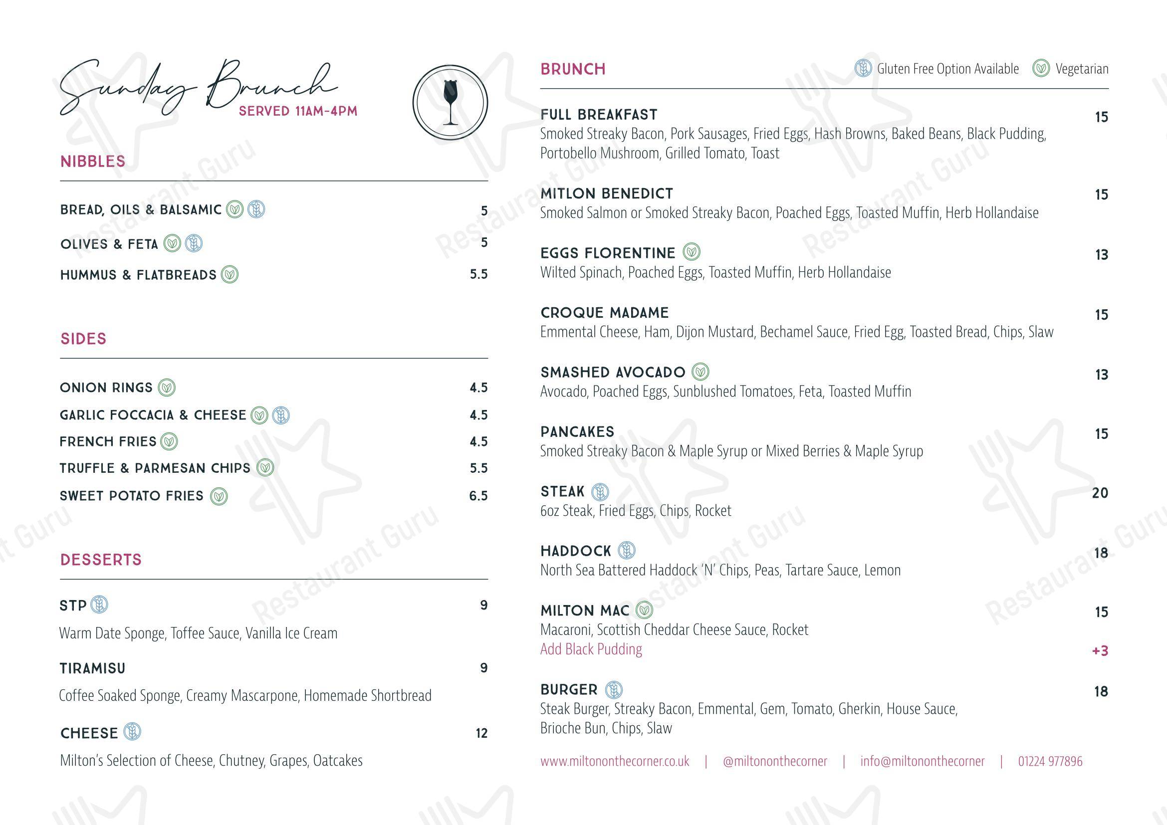 Menu at Milton on the Corner restaurant, Aberdeen