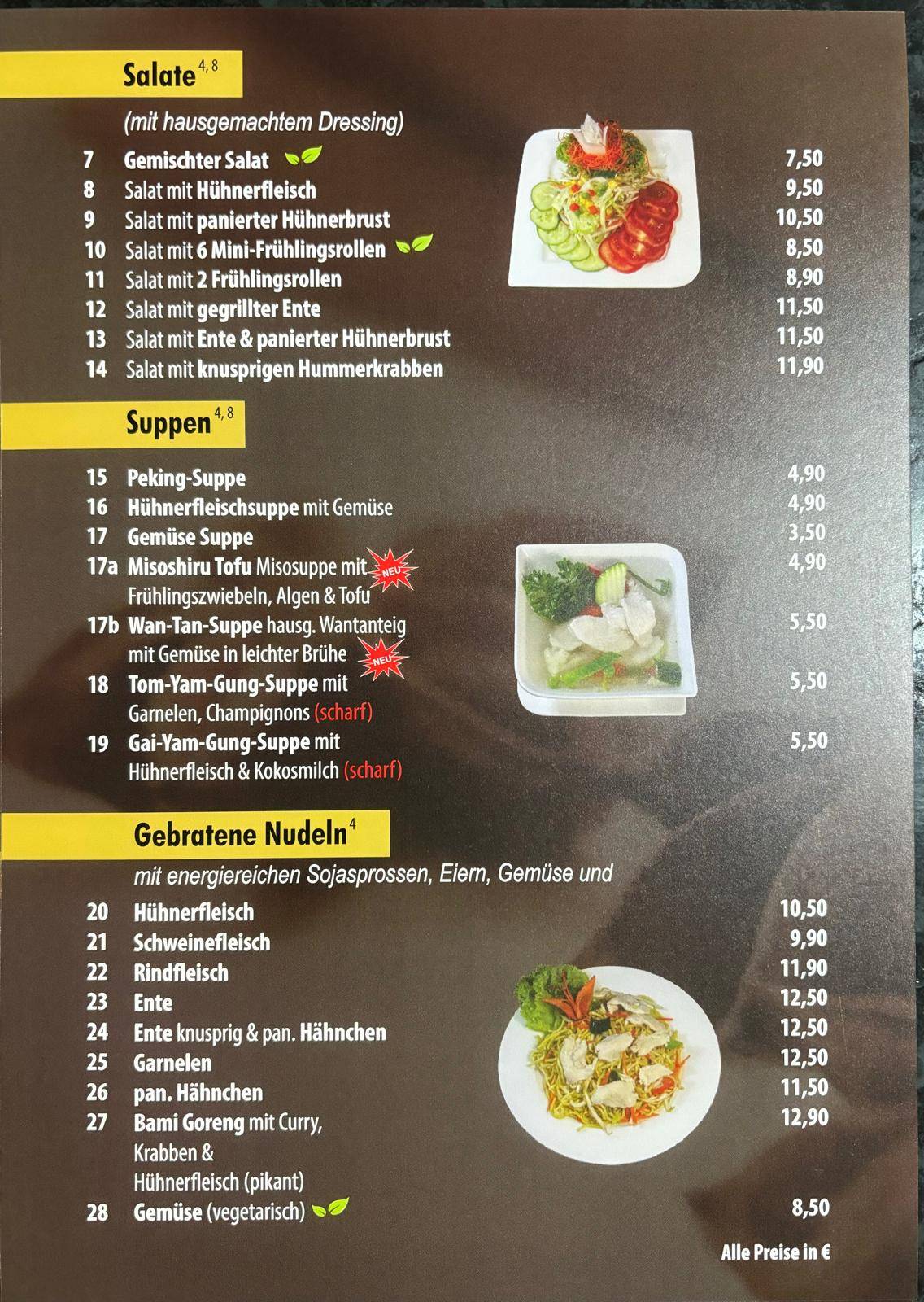 Carta del restaurante Mina Asia, Nesselwang