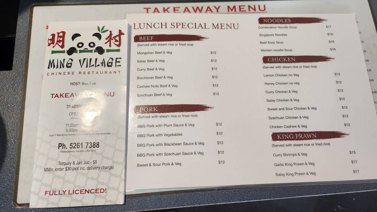 Menu at Ming Village Chinese Restaurant, Torquay