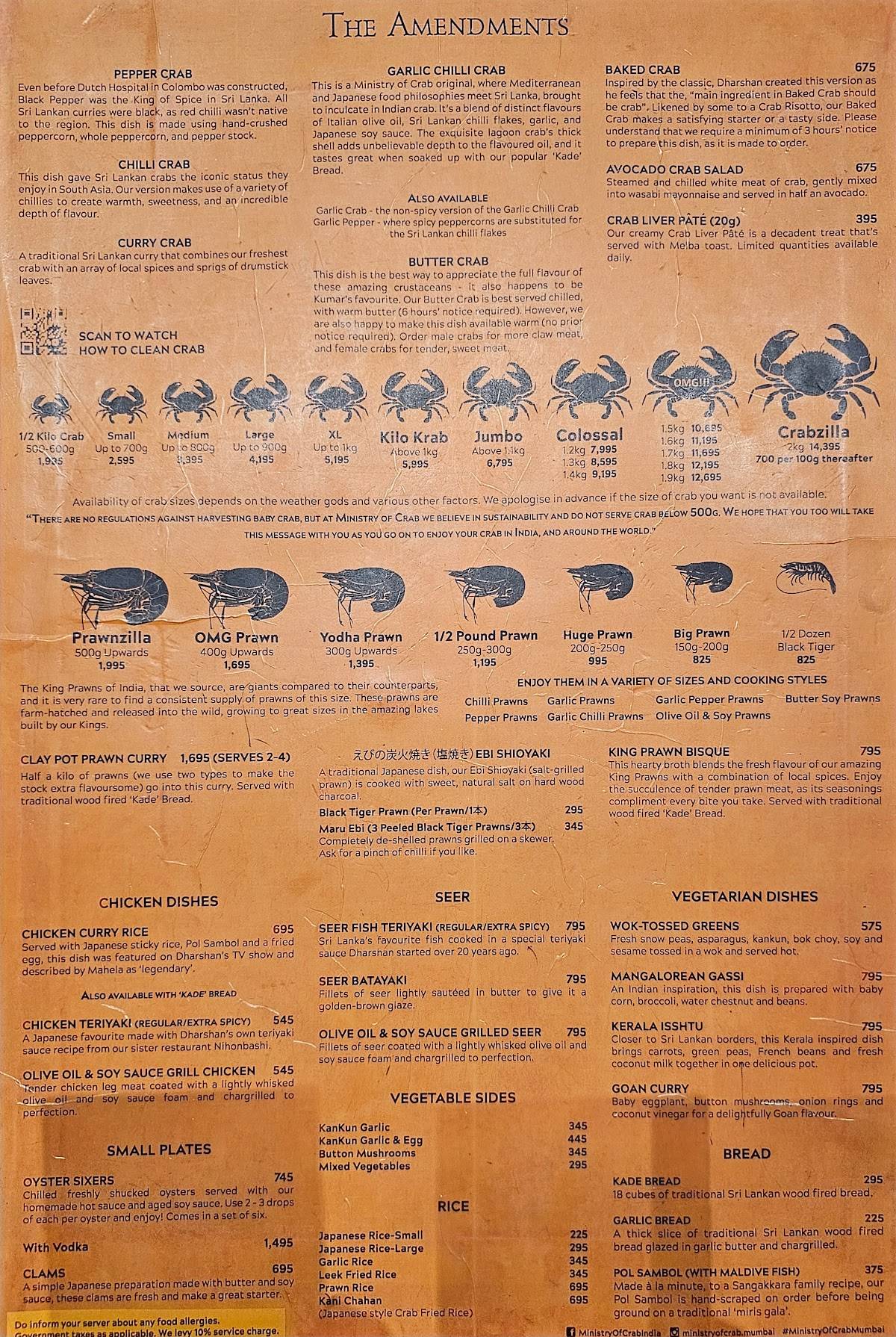 Menu at Ministry of Crab India, Mumbai