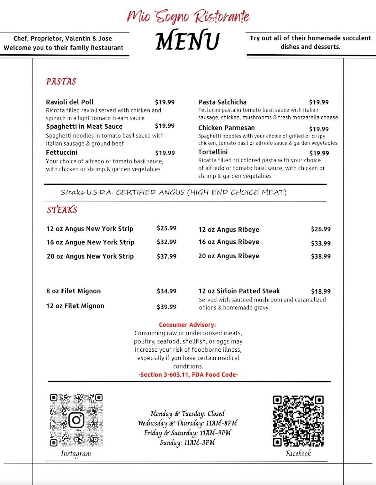 Menu at Mio Sogno restaurant, Oneonta, 200 1st Ave E