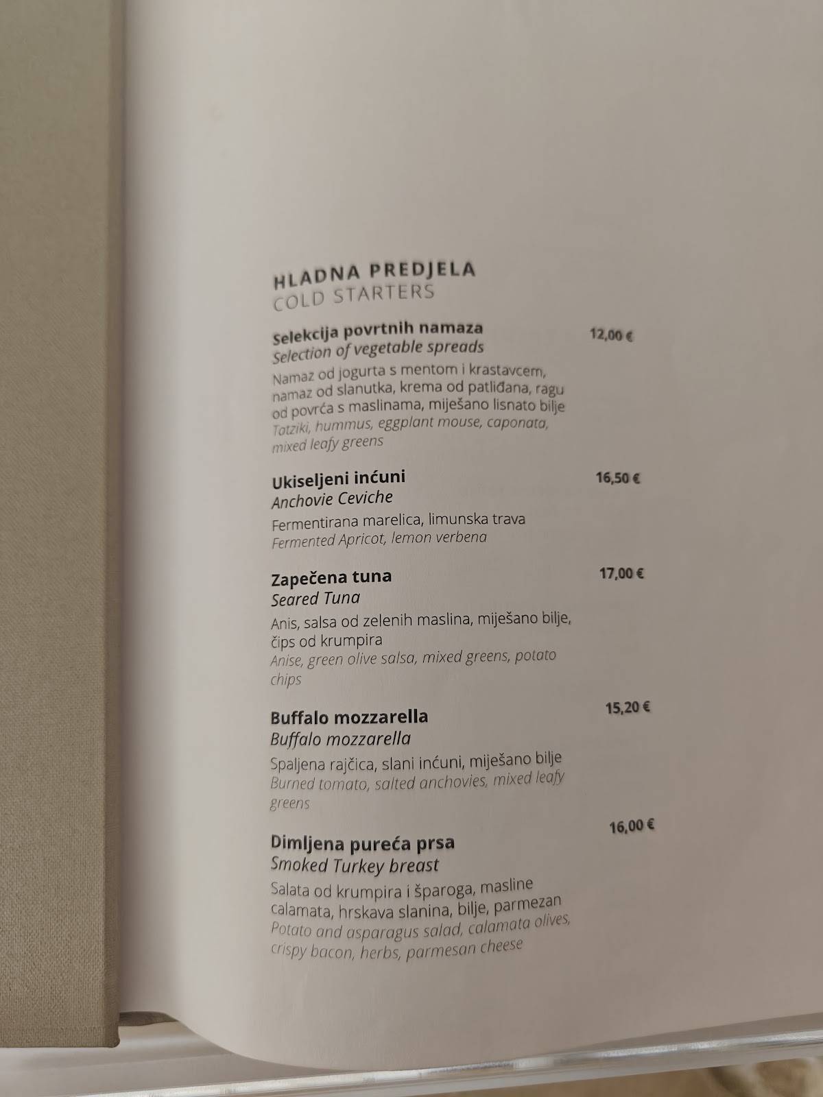 Menu at MiraMare Restaurant, Dubrovnik