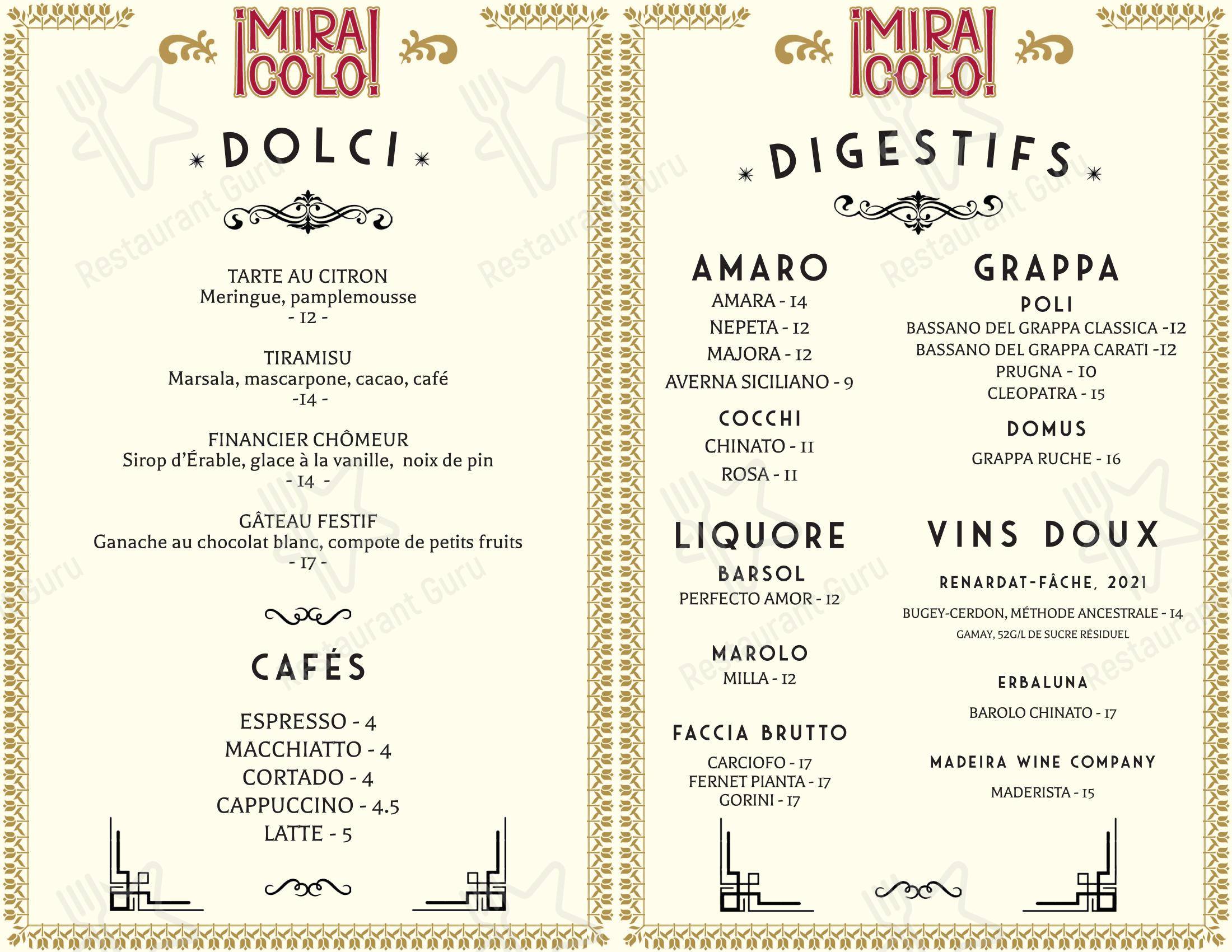 Menu au Café Miracolo, Montréal