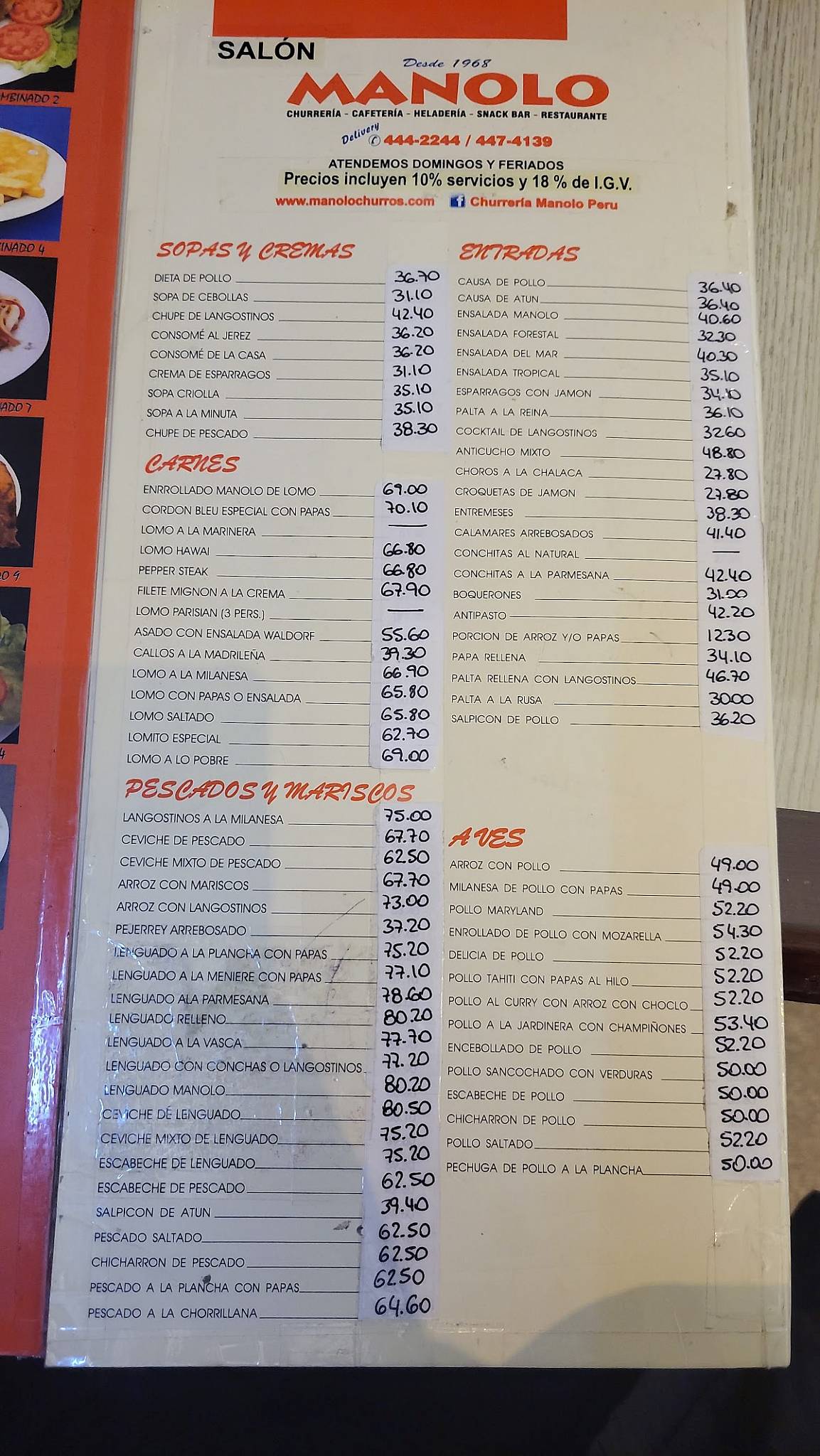 Carta del restaurante Manolo, Miraflores, Av. José Larco 608