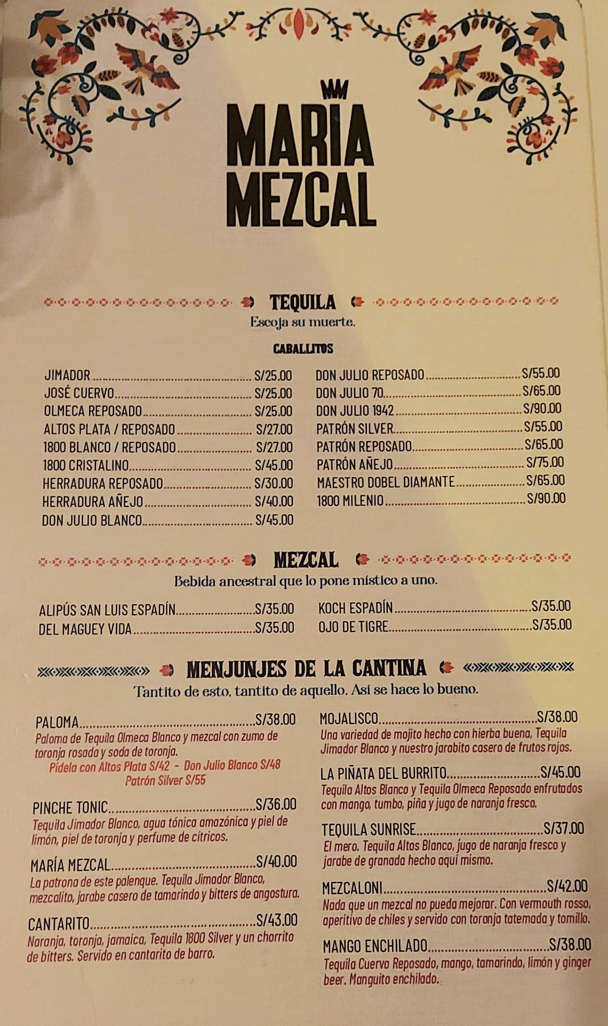Carta del pub y bar Maria Mezcal, Miraflores