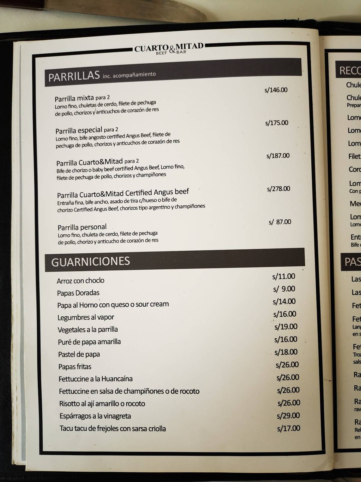 Carta de Restaurant Cuarto & Mitad, San Isidro