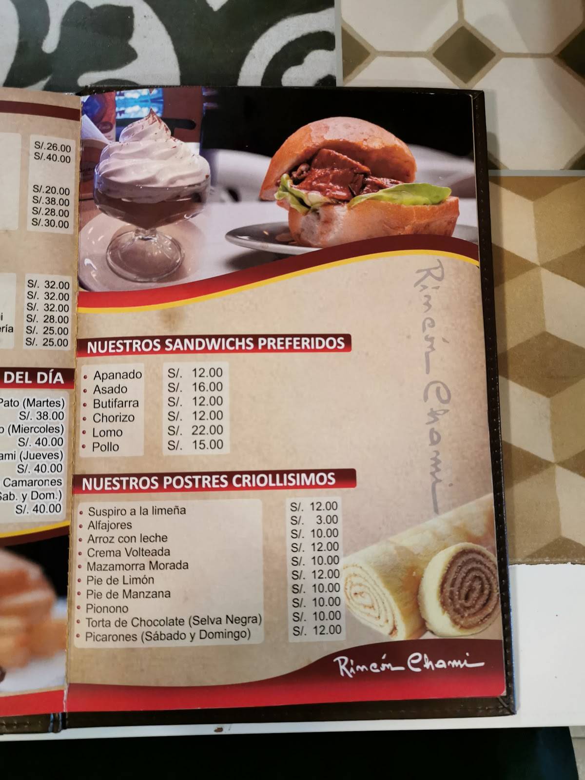 Carta del restaurante Rincón Chami, Miraflores, Av. Alfredo Benavides 2360