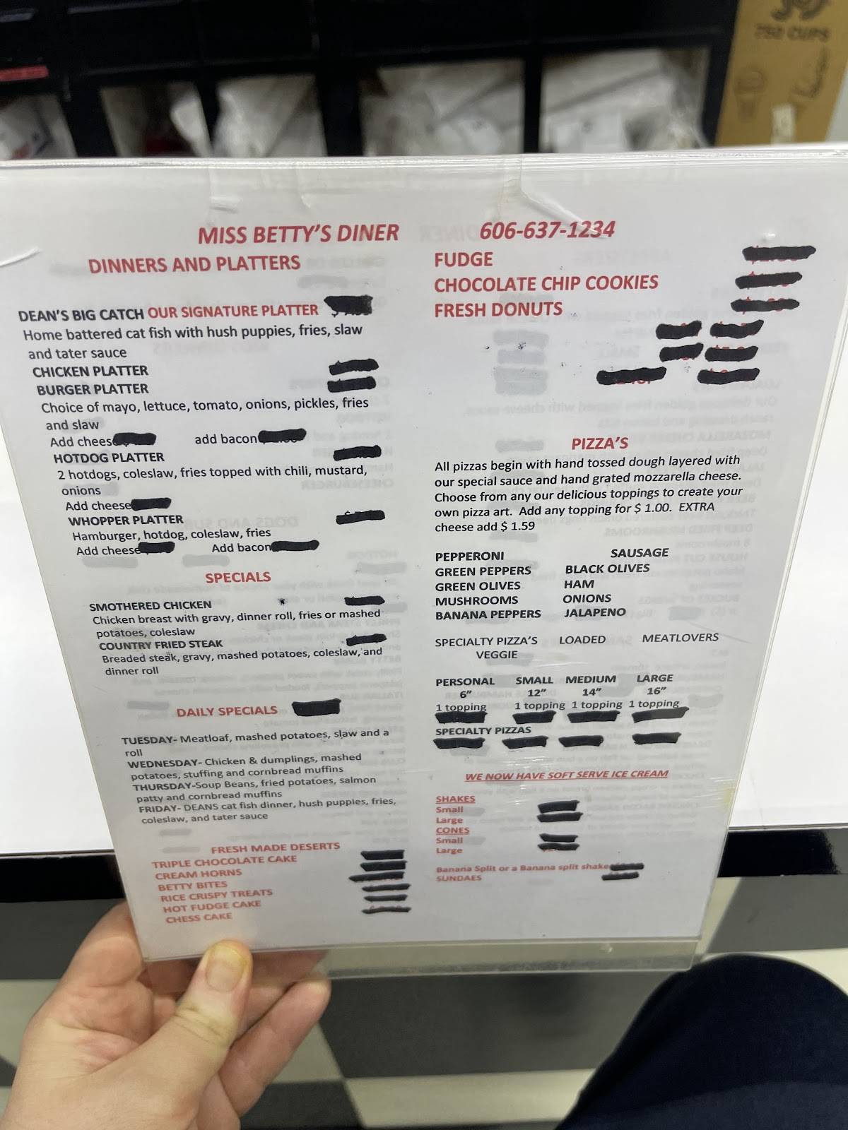 Menu at Miss Betty’s Diner and Pizzeria, Robinson Creek