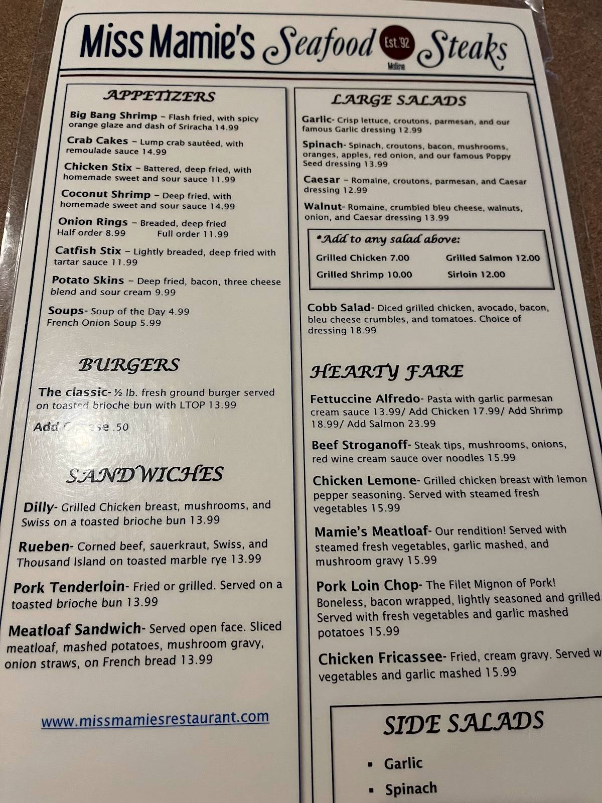 Menu at Miss Mamie's steakhouse, Moline