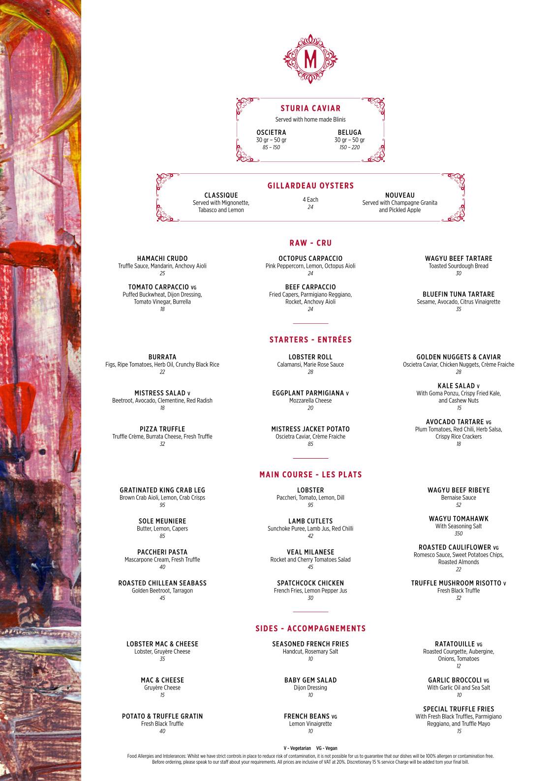 Menu at Mistress of Mayfair restaurant, London