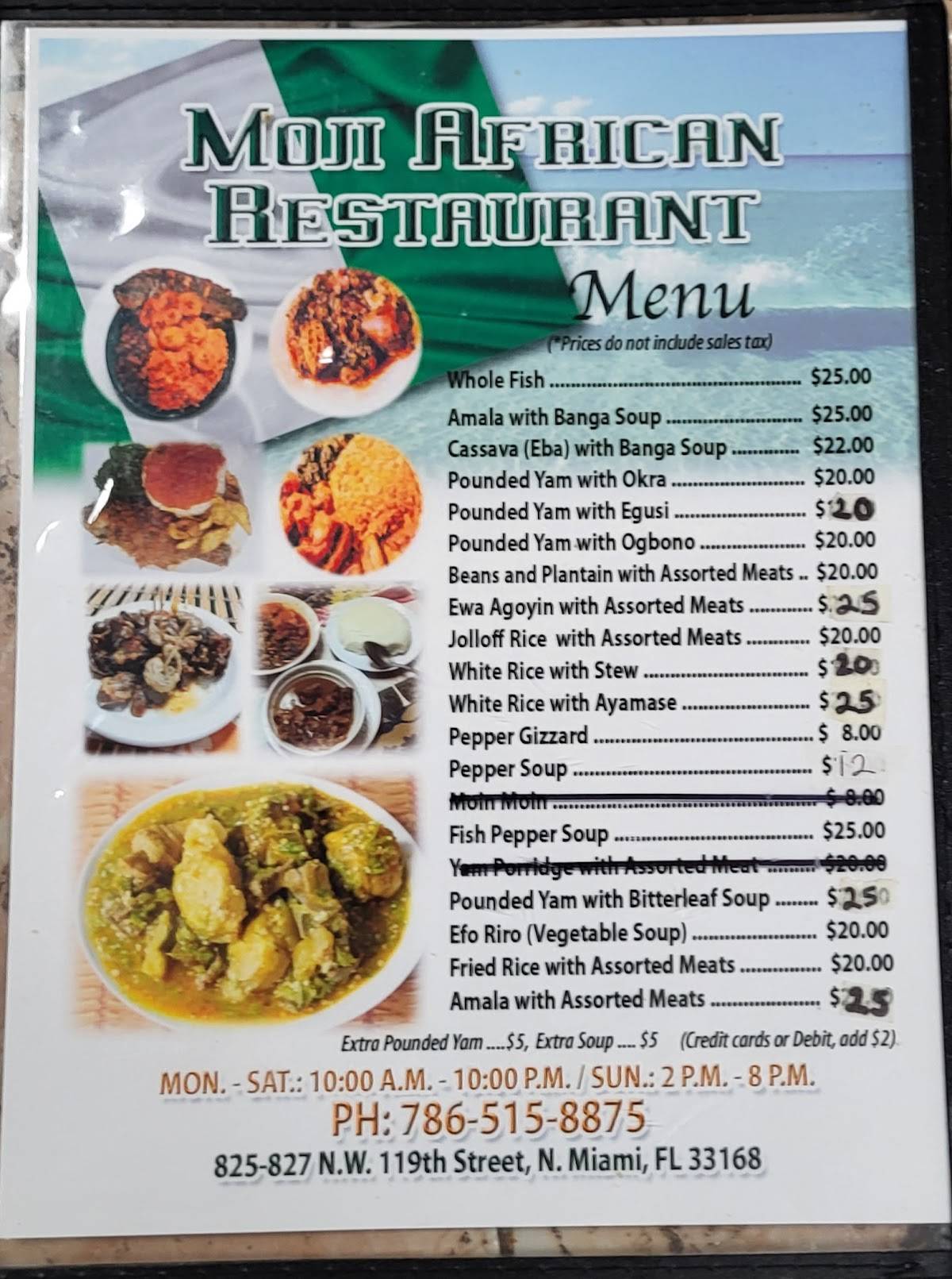 Menu at Moji African Restaurant, Miami