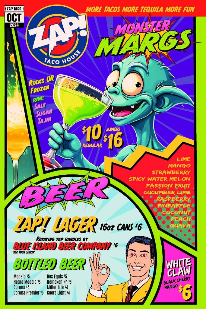 Menu at Zap! Taco House restaurant, Mokena