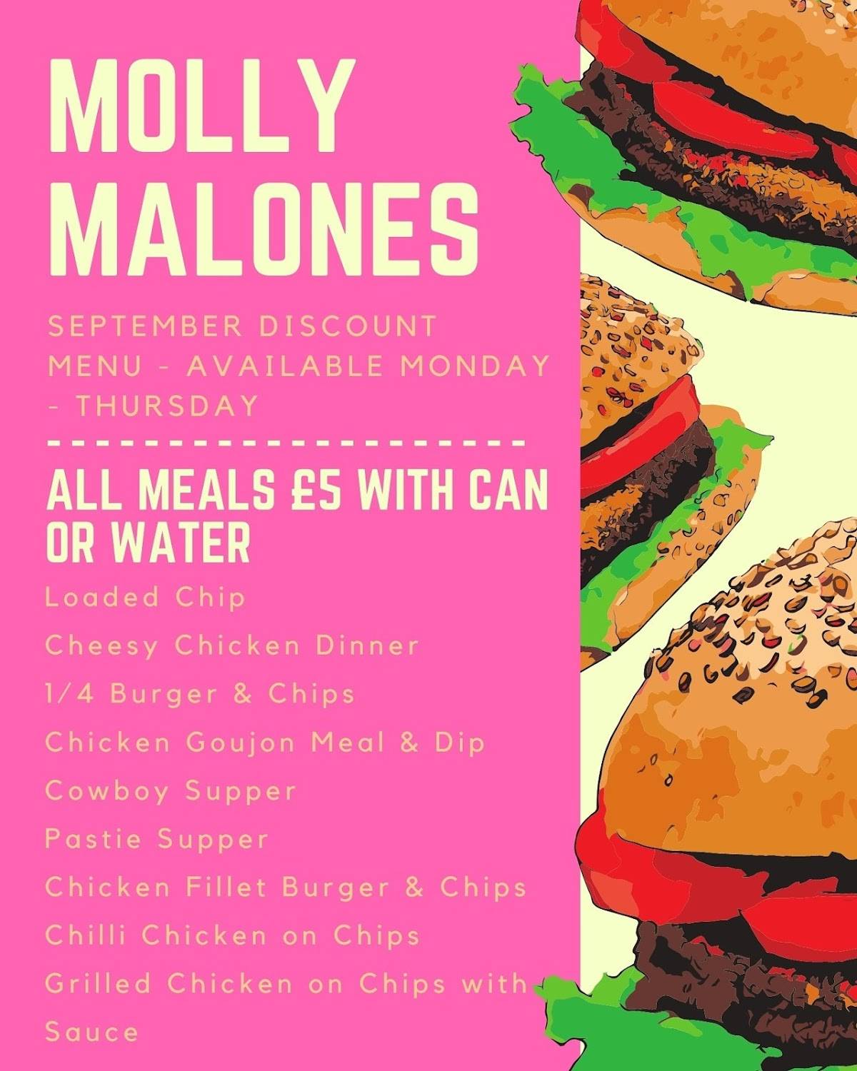 Menu at Molly Malones fast food, Ballymena, 2 Old Crebilly Rd