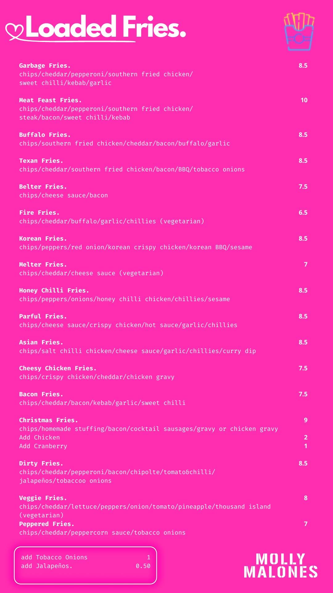 Menu at Molly Malones fast food, Ballymena, 2 Old Crebilly Rd