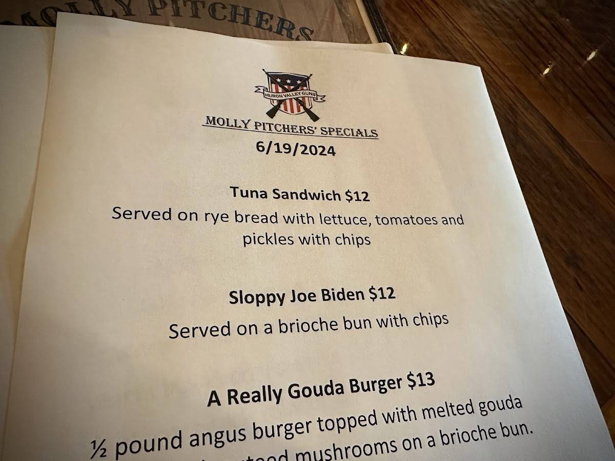 Menu at Molly Pitcher's Cafe, Lyon Charter Township