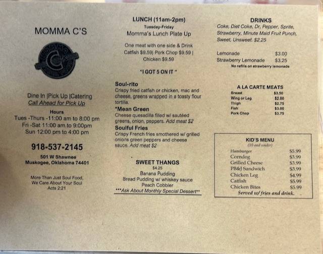 Menu at Momma C's Soul Food Kitchen restaurant, Muskogee