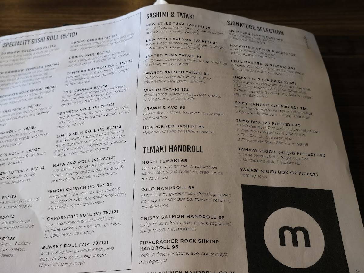 Menu at Momo XO restaurant, Johannesburg