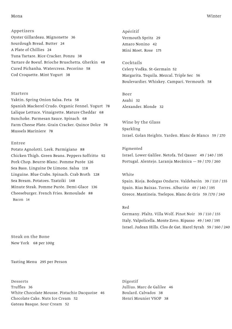 Menu at Mona restaurant, Jerusalem