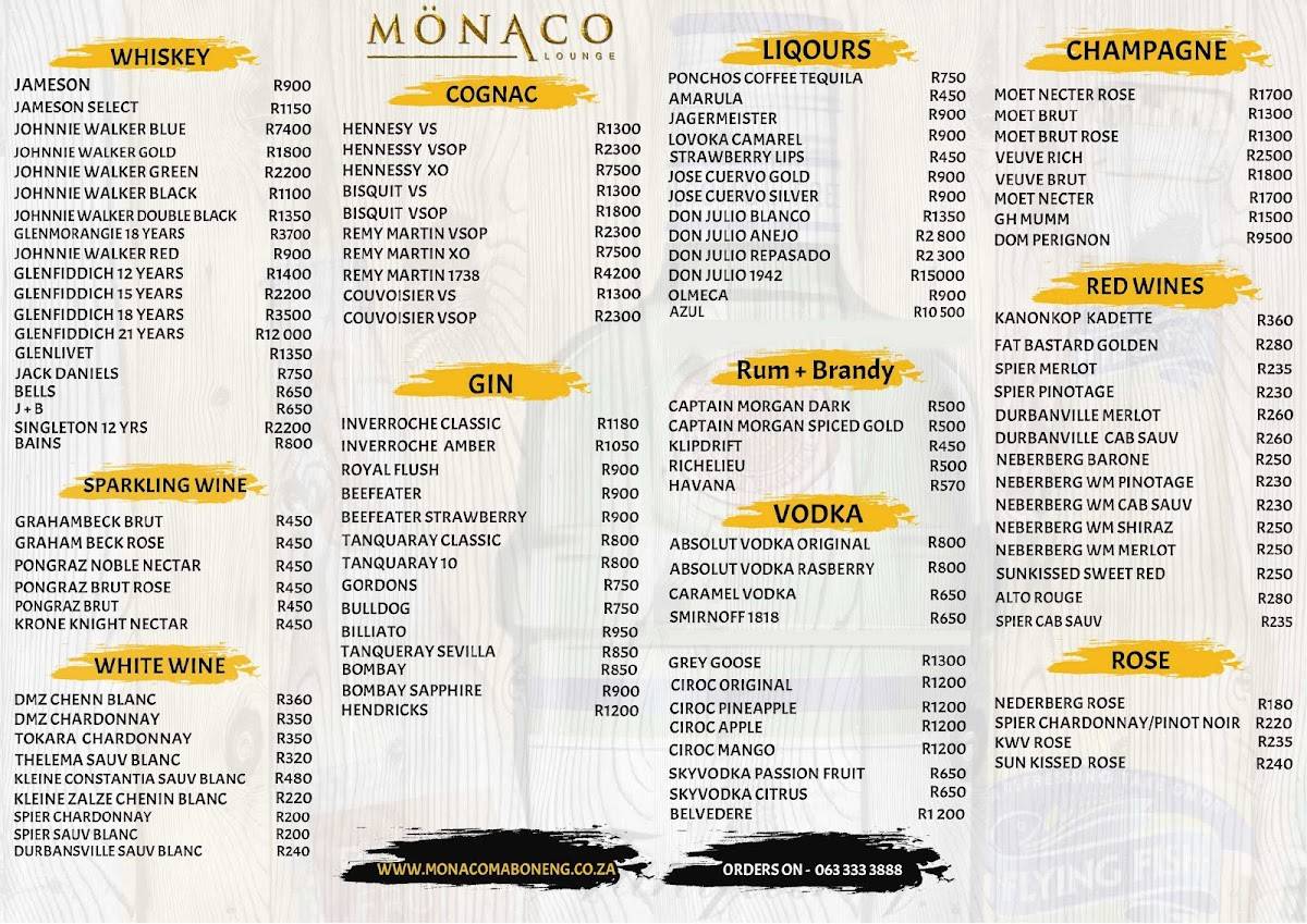 Menu at Monaco Lounge Maboneng restaurant, Johannesburg