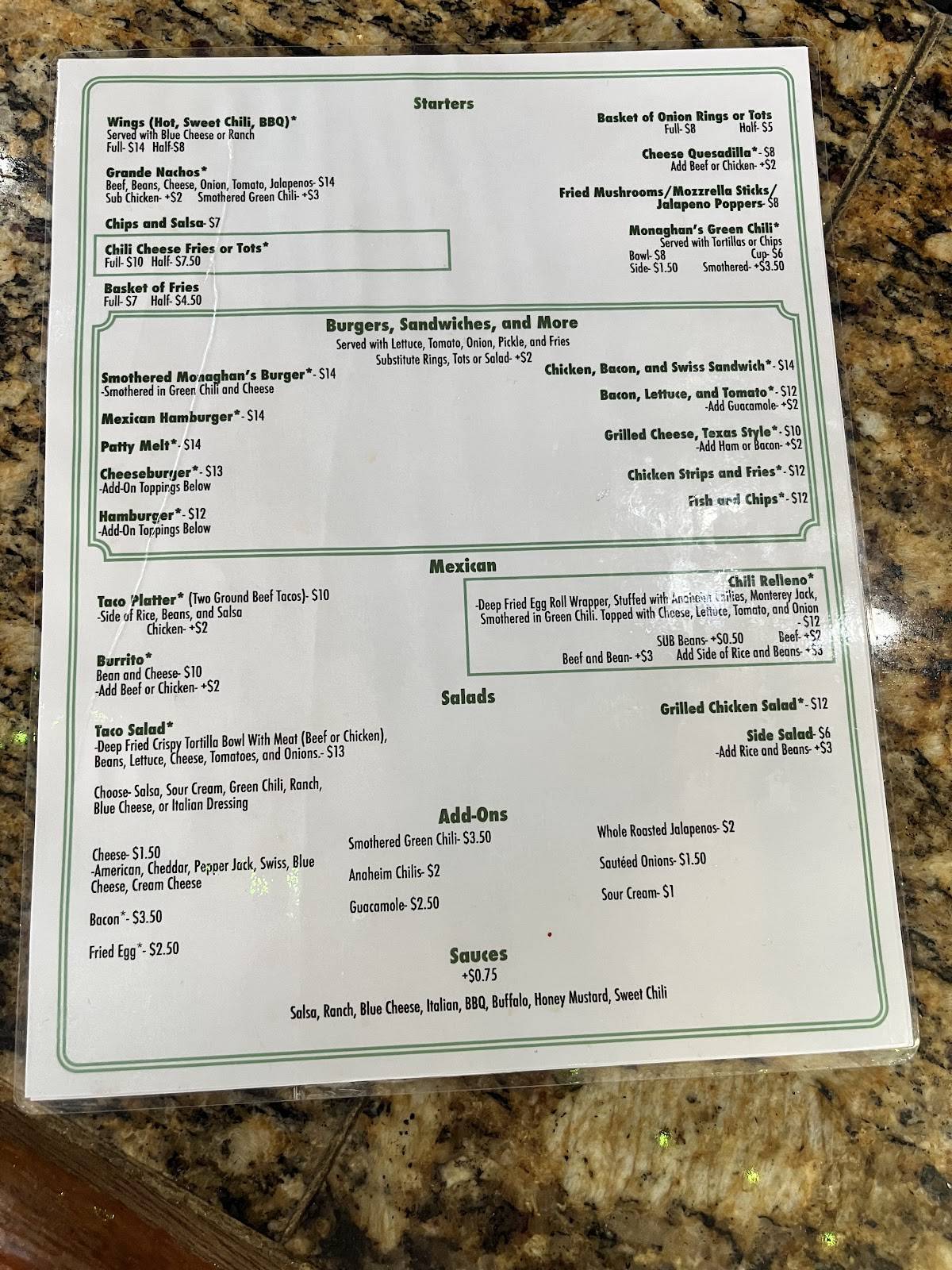 Menu at Monaghan's Bar and Grill, Denver
