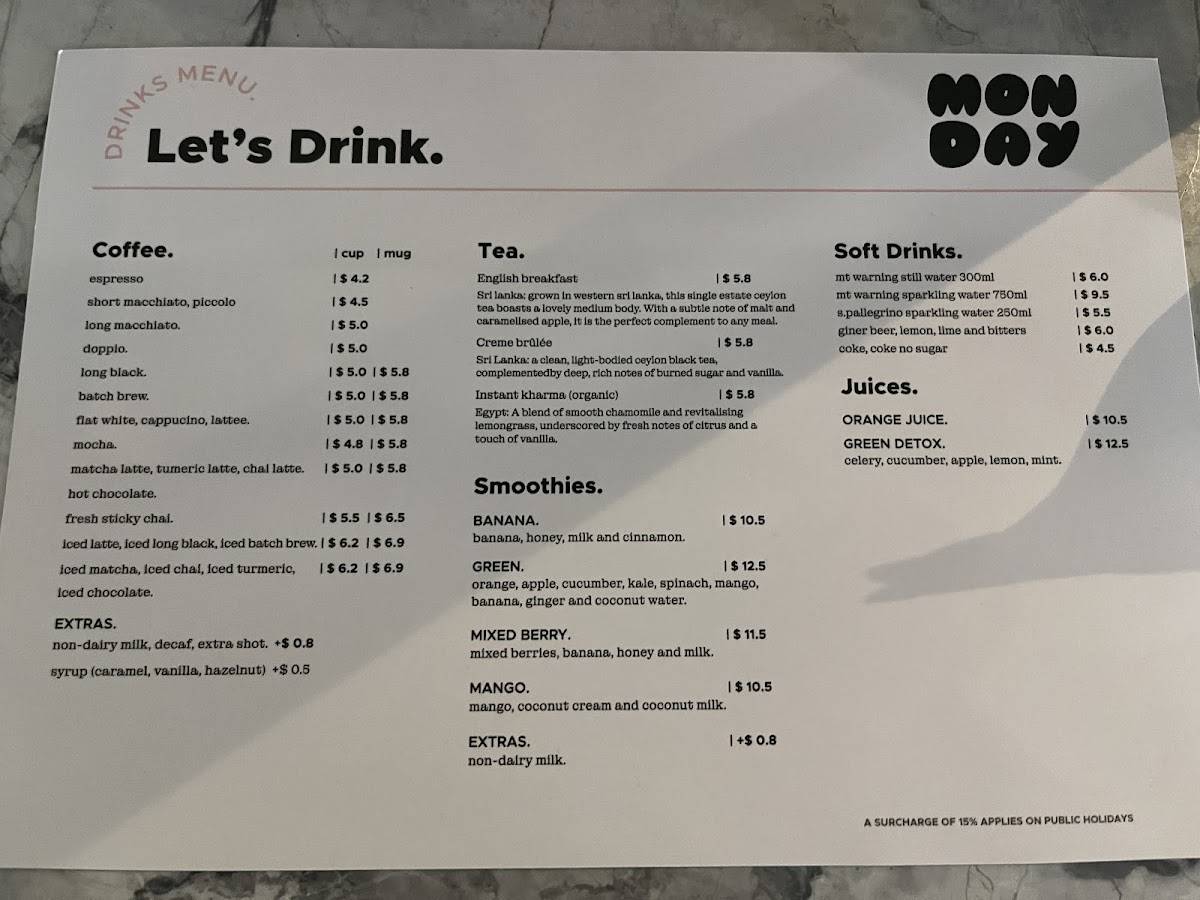 Menu at Monday Cafe, Brisbane City